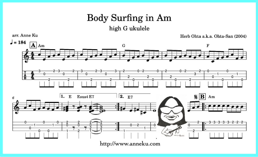 Body Surfing for easy ukulele transposed –Anne Ku