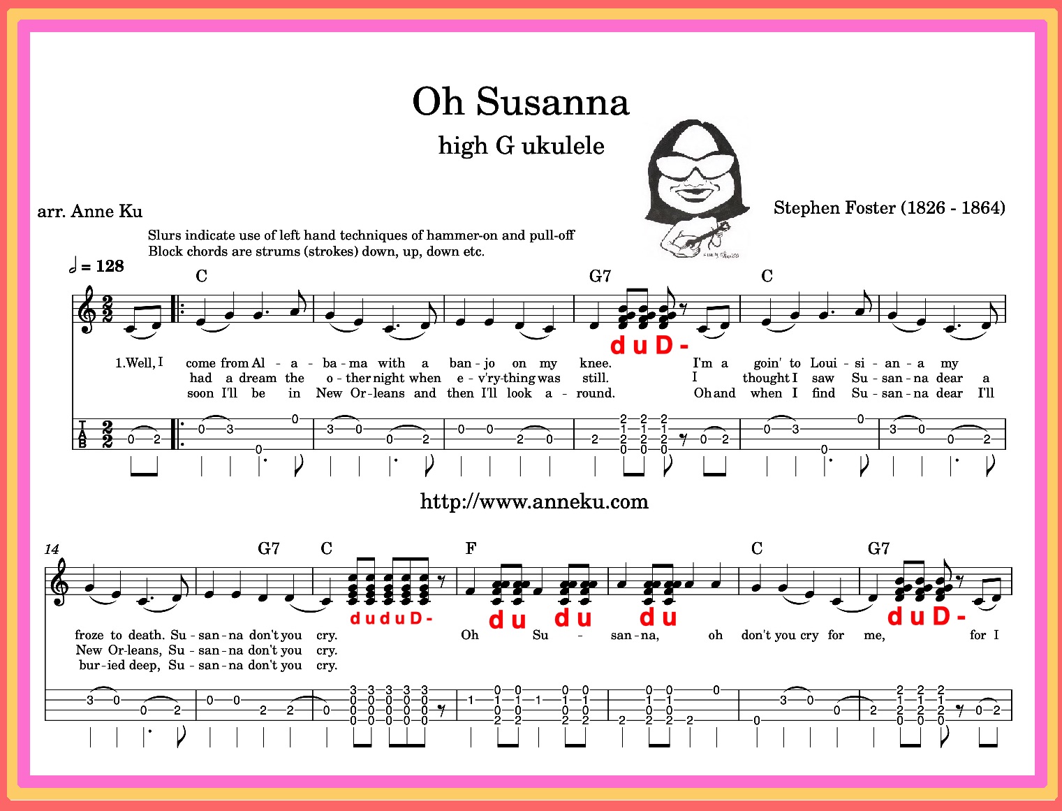 sample Oh, Susanna in C added strums high G ukulele – Anne KuAnne Ku