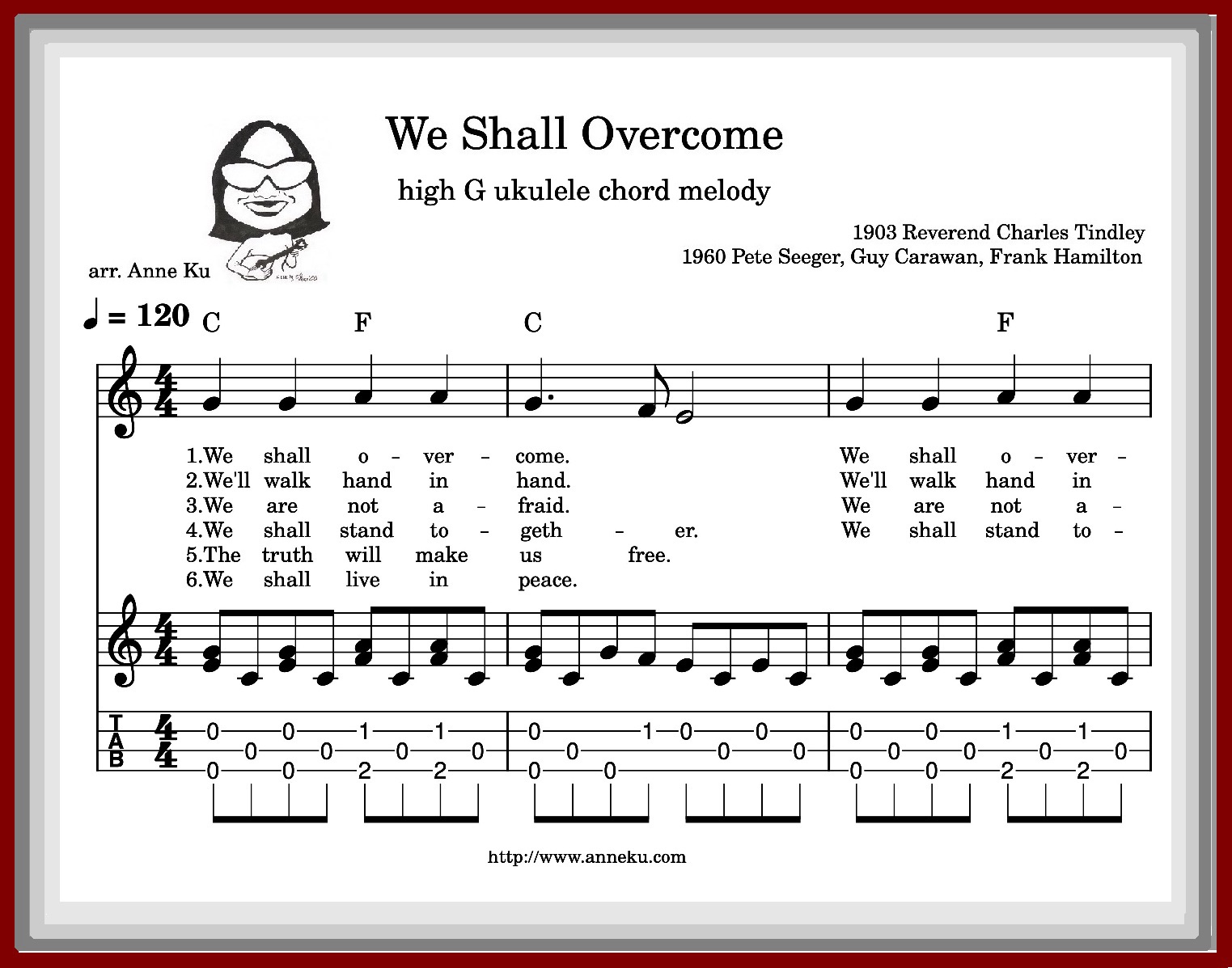 sample We Shall Overcome high G ukulele chord melody – Anne KuAnne Ku